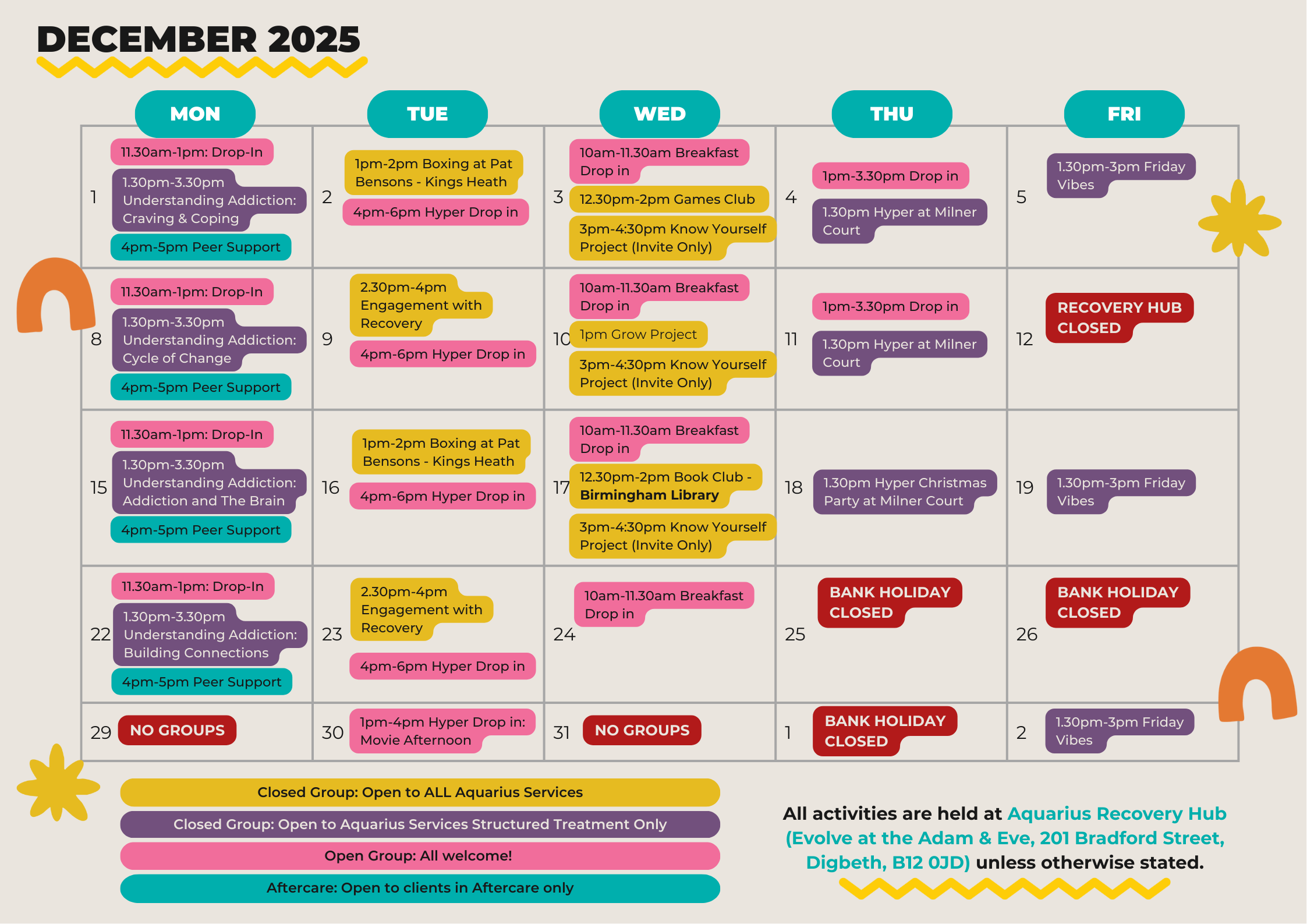 Recovery Hub Calendar – Aquarius Charity
